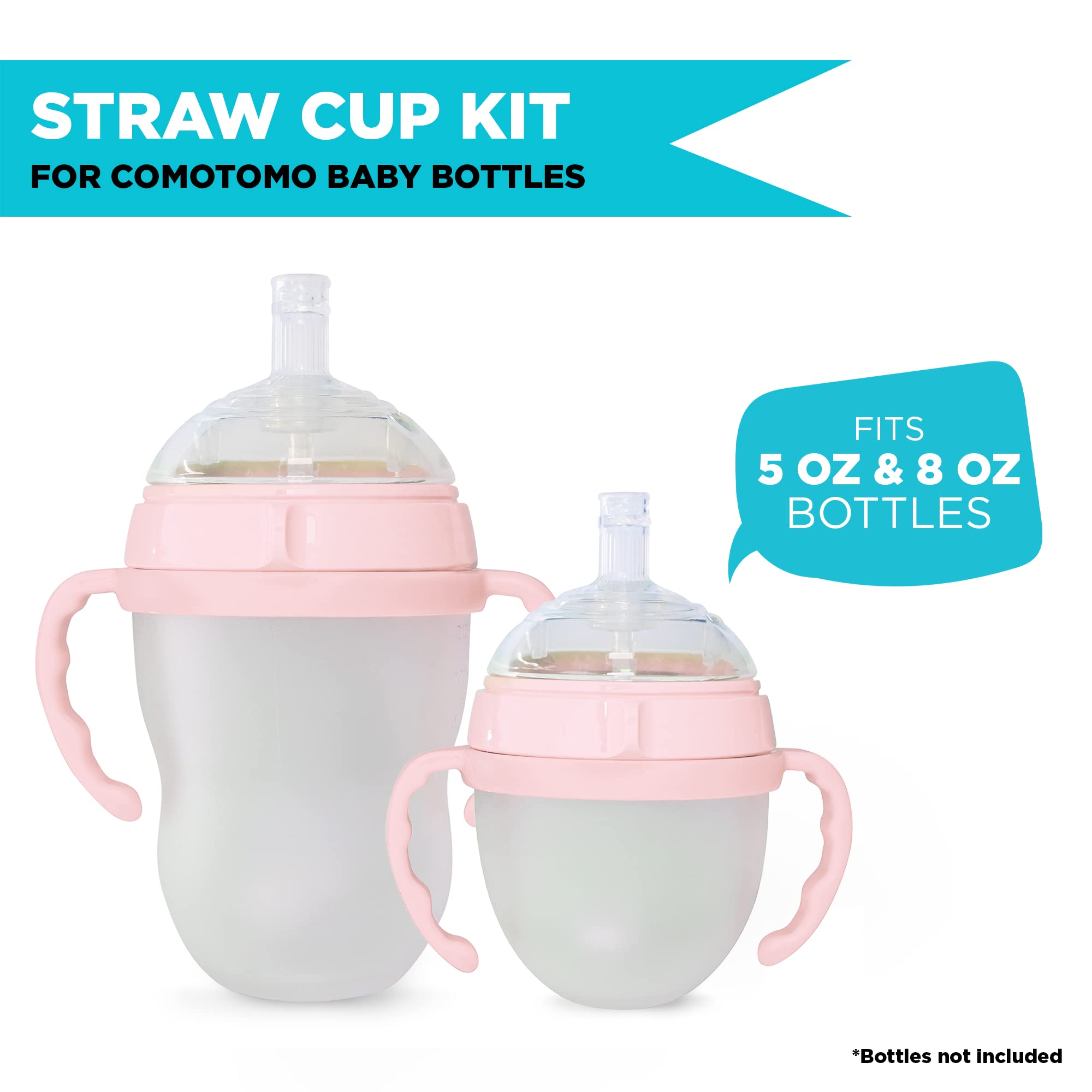 Straw Transition Cup Kit for Comotomo Baby Bottles | Conversion Kit Fits 5 Ounce and 8 Ounce Bottles | Soft, Silicone Straw Top Bottle Nipple & Weighted Straw to Help Baby Transition | 2 Pack (Pink)