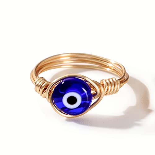 Frmingdocj Blue Evil Eye Glass Bead in Sterling Silver or 14kt Yellow or Rose Gold Filled Wire Band - Handmade Wire Wrapped Ring (9)