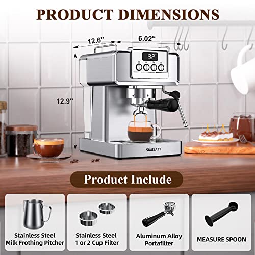SUMSATY Espresso Machine, Espresso Machine with Milk Frother, Fast Heating Automatic, Latte and Cappuccino Machine, 20 Bar Espresso Maker, Stainless Steel, 1.8L Water Tank