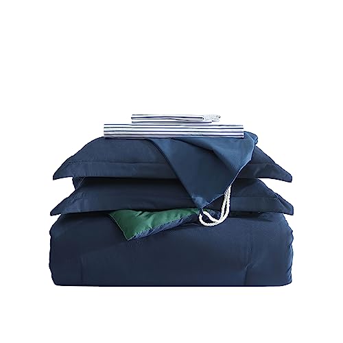 Nautica - Full Bed Set, Reversible Comforter Set, Includes Bonus Sham(s), Fitted Sheet, Pillowcase(s) and Laundry Bag, Dorm Room Essentials (Harmead Navy, Full)