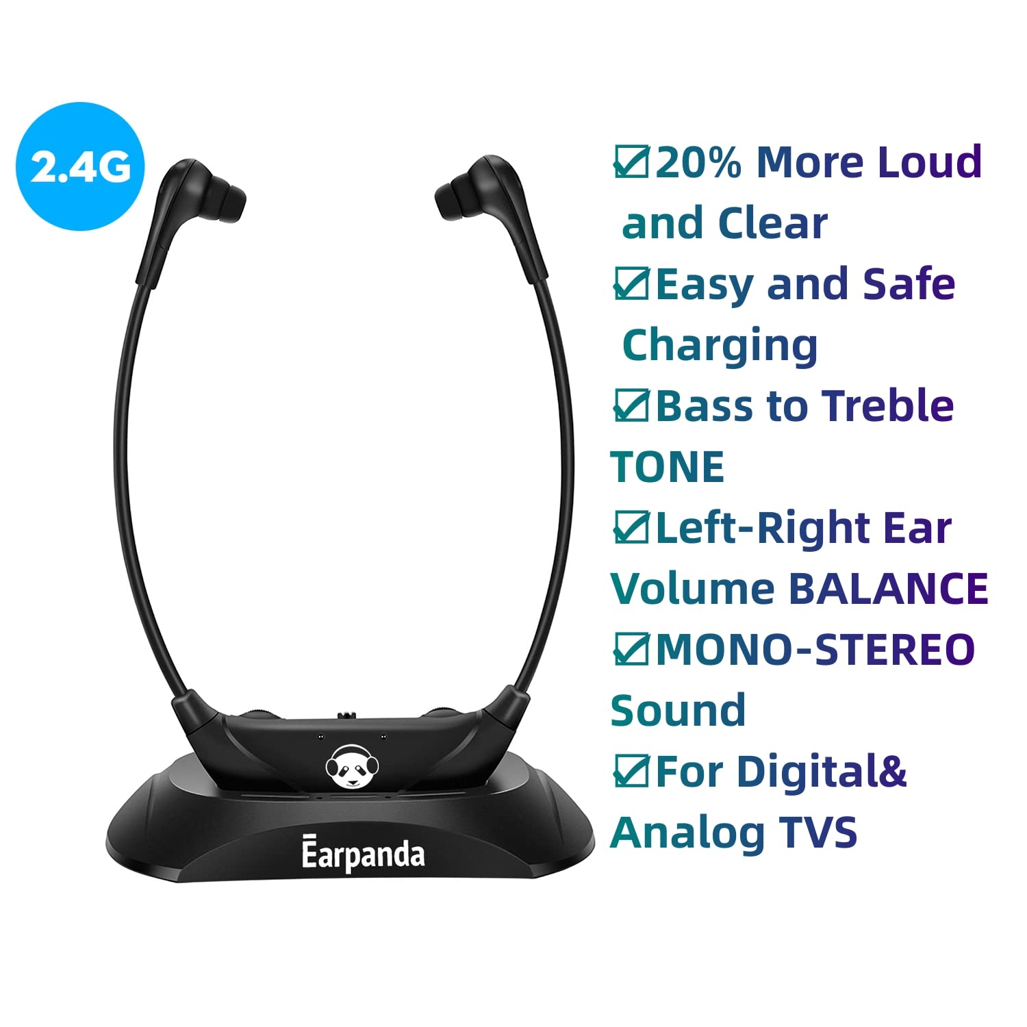 Earpanda Wireless TV Headphones for Hard of Hearing Seniors,TV Headset Work with Digital&Analog TVs,Bass-Treble& Internal MIC for Hearing Impaired