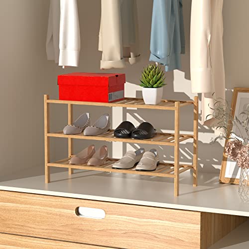 RONGJIA 3-Tier Natural Bamboo Shoe Rack - Stackable Storage Shelf with Multi-Function Combinations - Free Standing Shoe Racks for Convenient Shoe Organization(Natural) 11" D x 27" W x 20" H