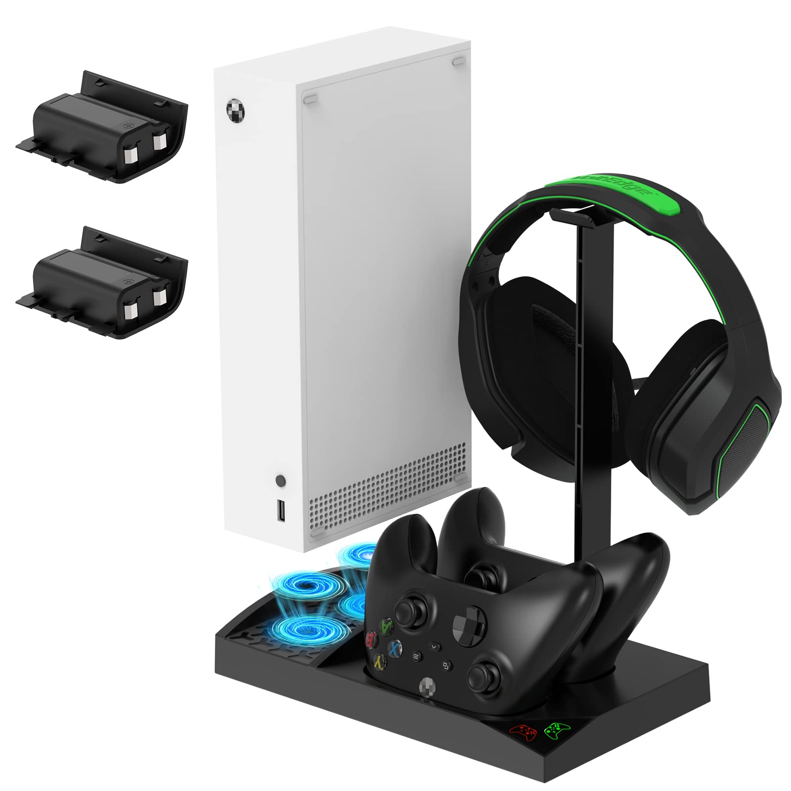 FASTSNAIL Vertical Stand with Cooling Fan for Xbox Series S Charging Station for Xbox Series X/S Controller, 2 Pack 1400mAh Rechargeable Batteries Charging Dock for Controller with Headset Stand
