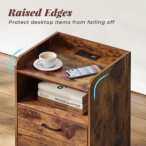SUPERJARE Nightstand with Charging Station, Night Stand with Drawers, Bed Side Table, End Table with USB Ports and Outlets, Bedside Table for Bedroom, Living Room, Rustic Brown