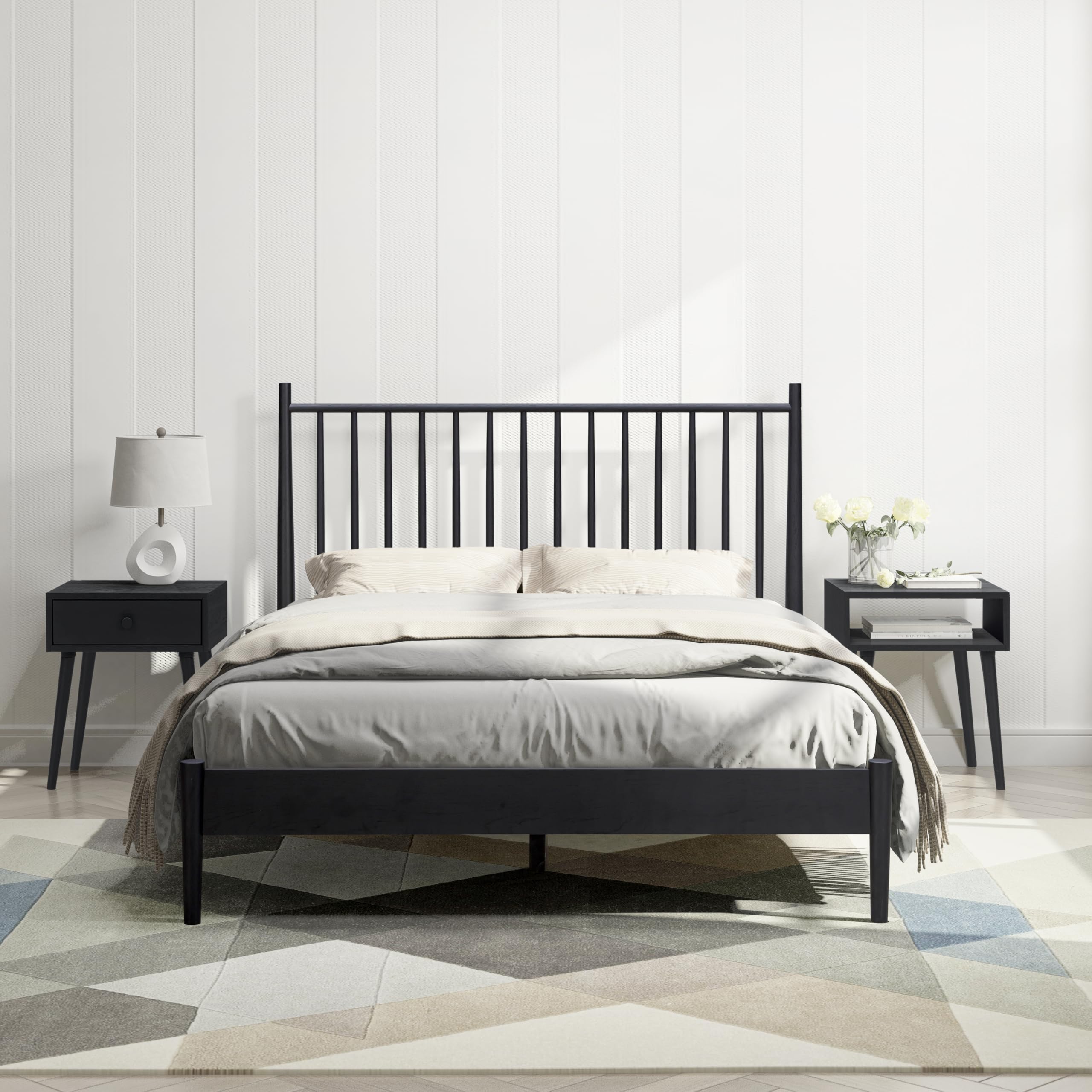 NTC Inno Wooden Bed Frame with Headboard, Solid Oak and Rubber Wood Foundation with Silent Slats and Wood Central Supports, 1000 Lb Capacity, Effortless Assembly, Queen - Burnt Black