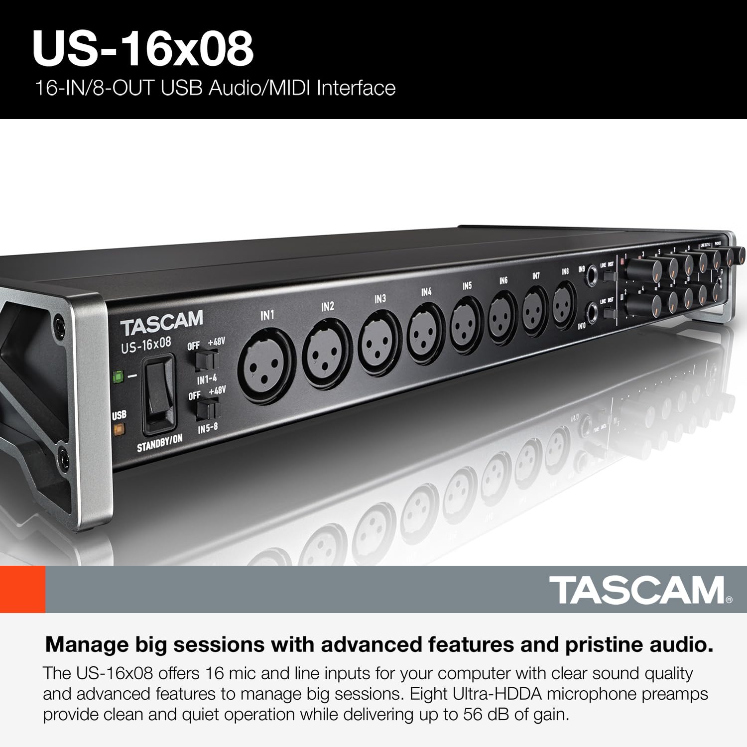 Tascam US-16x08 Rackmount USB Audio/MIDI Interface for Recording, Drum Recording, 8 XLR/8 1/4" Inputs, 8 Outputs, Control Software,Black