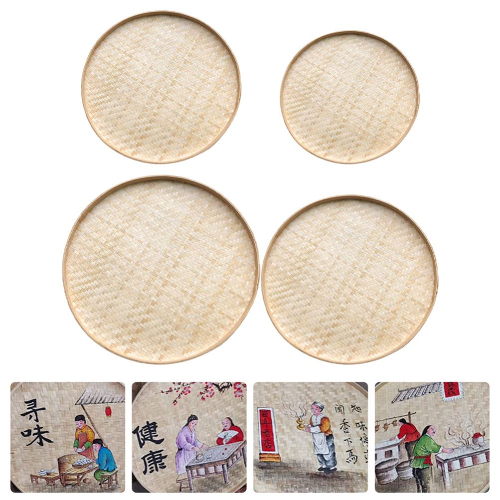 Healifty 4 Pcs Handwoven Flat Wicker Round Fruit Basket Woven Food Storage Weaved Shallow Tray Organiser Vegetable Fruit Bowl Kids DIY Drawing Board Wall Basket Decor for Kitchen Table Centerpiece