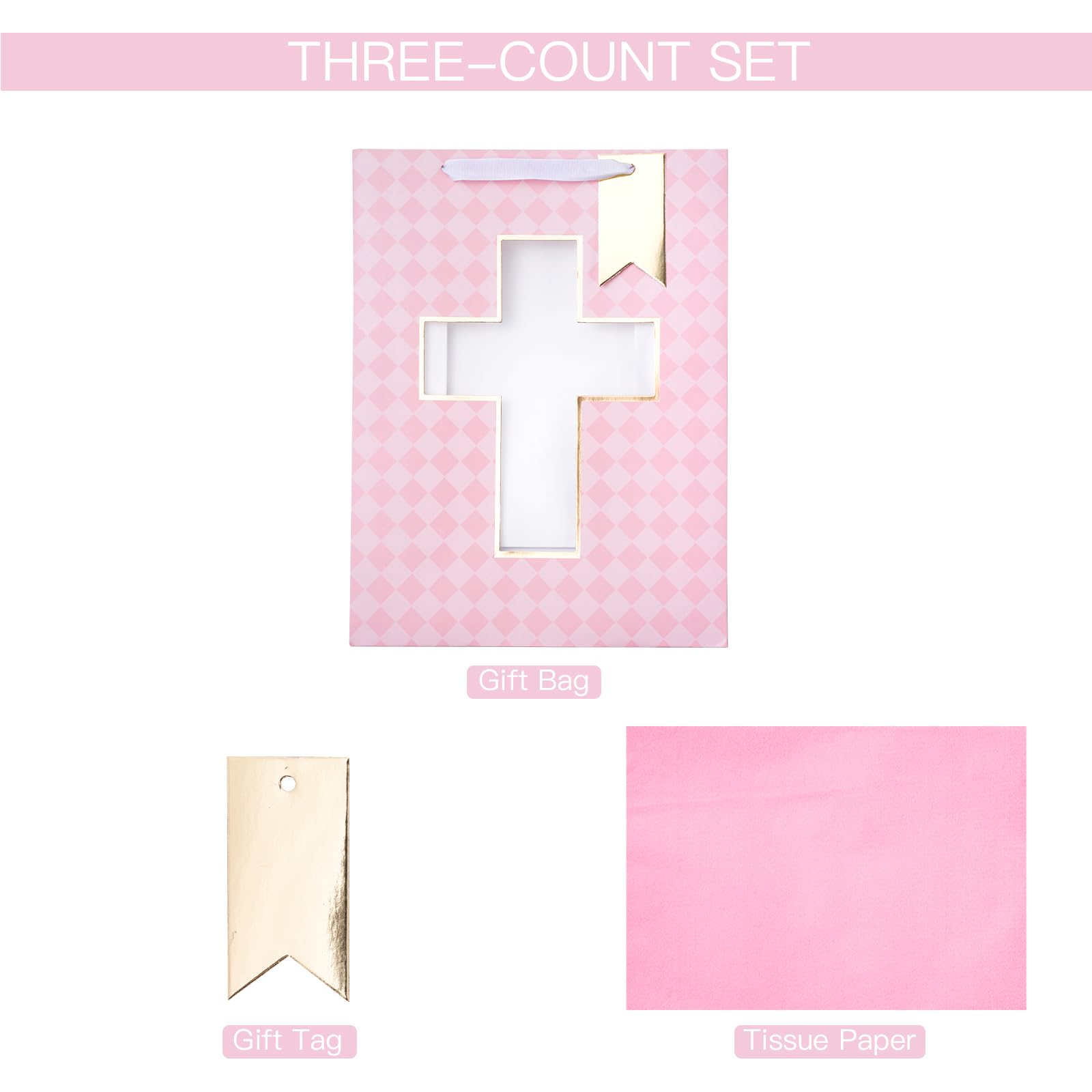 Loveinside Gift Bag with Pink Diamond and Cross Design, Tissue Paper for Baby Girl Baptisms, Christenings, First Communions Religious Occasion - 10" x 5" x 13", 1 Pcs