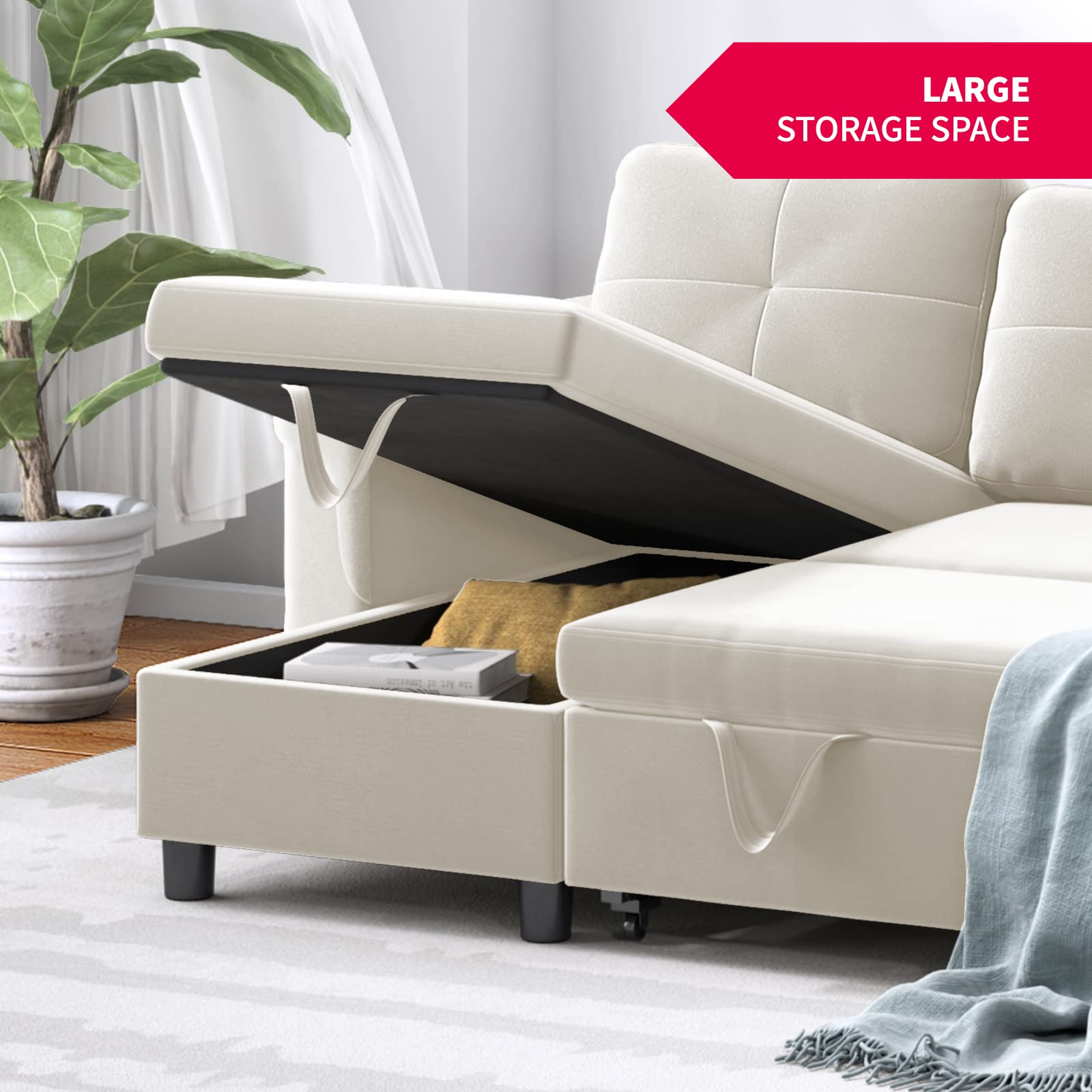 MUZZ Pull Out Sofa Bed with Storage, Reversible Sleeper Sofa,Sectional Sofa, L Shaped Chaise Sofa, Convertible Couches for Living Room,Beige