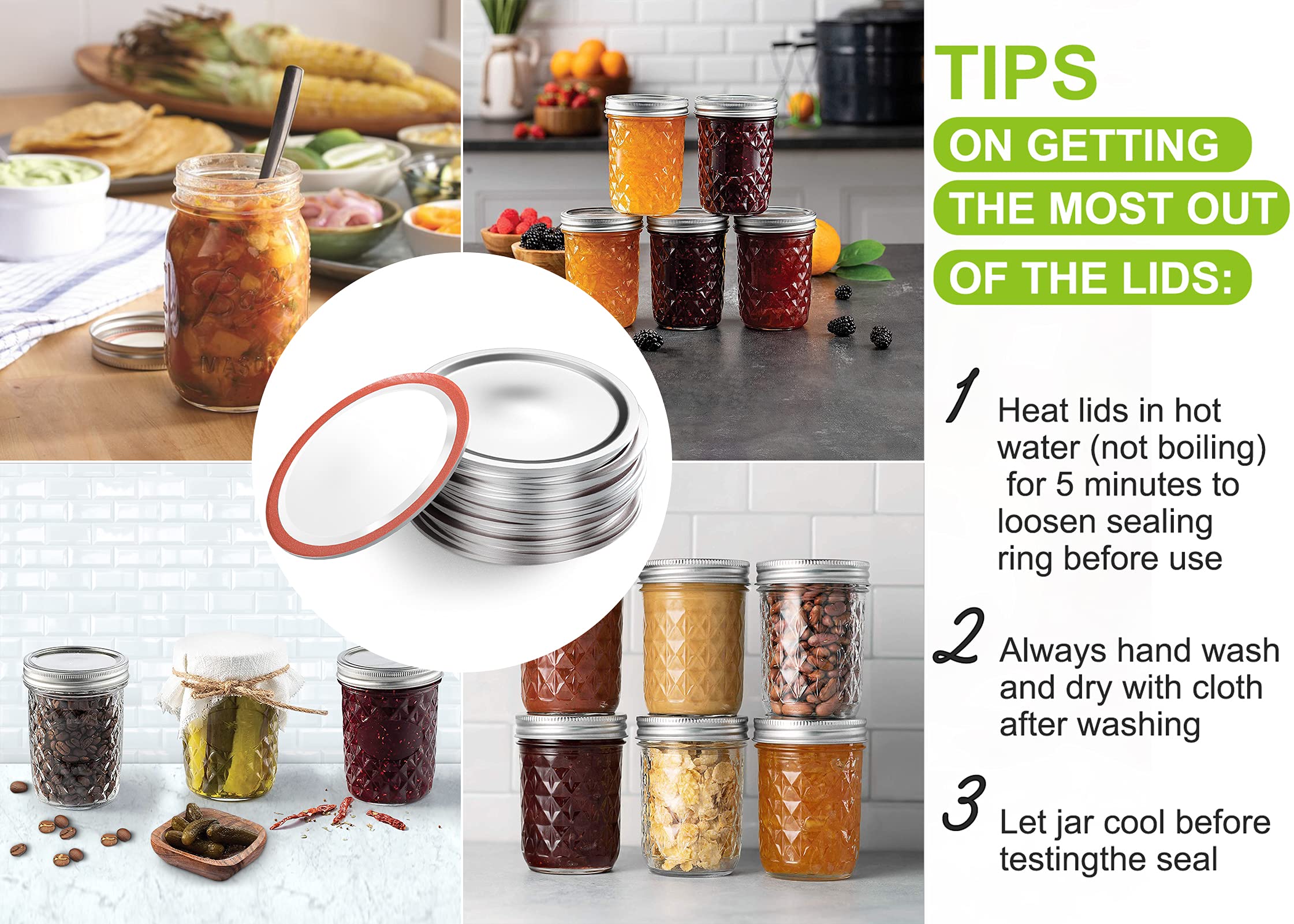 Wide Mouth Mason Jar Lids Canning Lids for Ball, Kerr Jars - 24-Count Split-Type with Leak proof & Airtight Seal Features, Metal Mason Jar Lids for Canning - Food Grade Material, Silver/86 MM