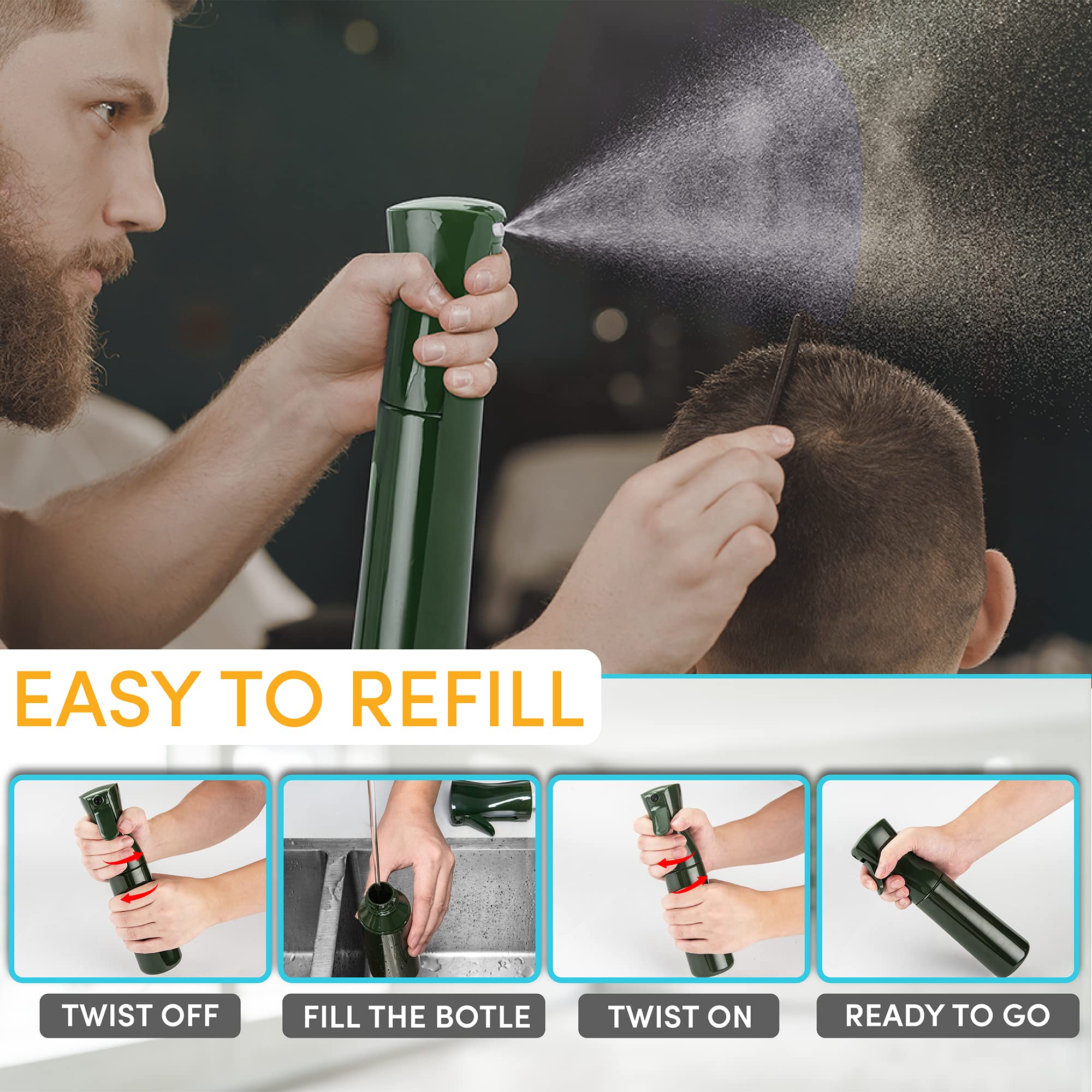 Hula Home Continuous Spray Bottle (10.1oz/300ml) Empty Ultra Fine Plastic Water Mist Sprayer β For Hairstyling, Cleaning, Salons, Plants, Essential Oil Scents & More - Green