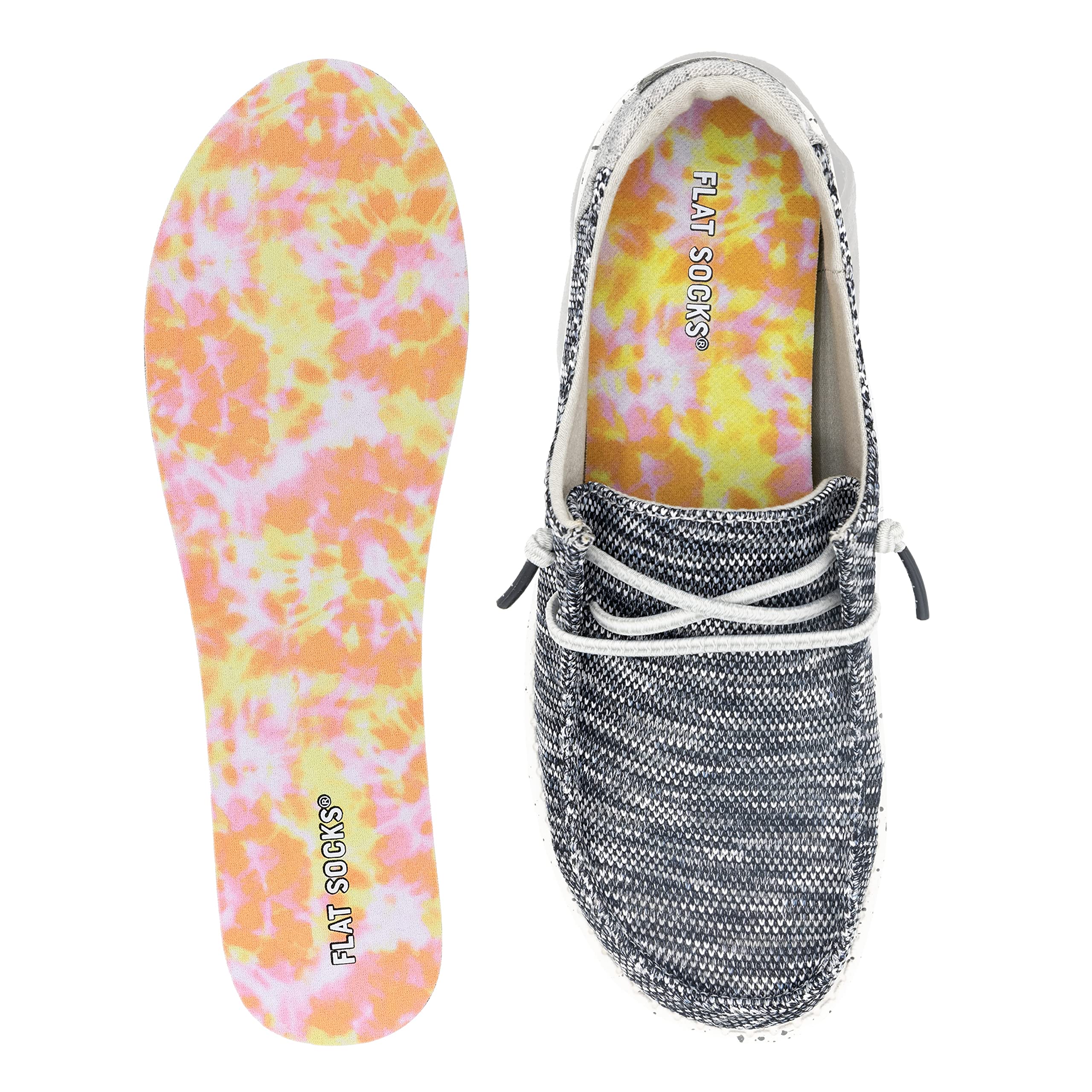 FLAT SOCKS No Show Socks, Sockless Shoe Liner, No Slipping, No Stinking, Washable Barefoot Shoe Insert for Men and Women, Citrus Tie Dye, Large