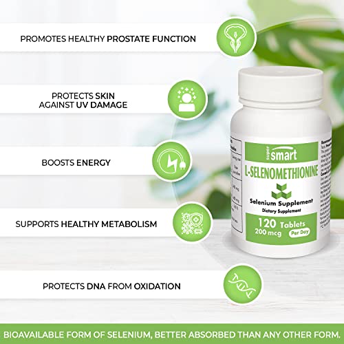 Supersmart - L-Selenomethionine 200 mcg per Day (Selenium Supplement) - Potent Antioxidant - Cells & DNA Protect - Immune Support | Non-GMO & Gluten Free - 120 Tablets