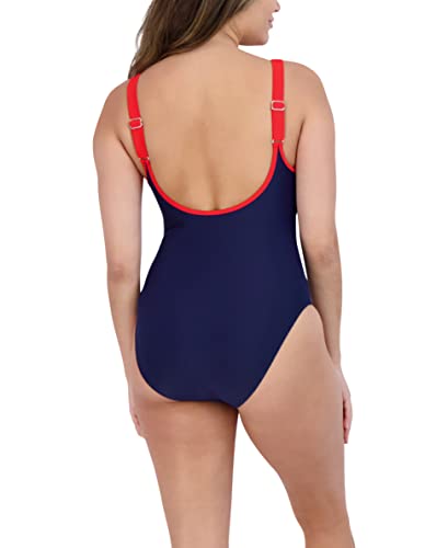 Nautica Women's Standard One Piece Swimsuit Binding Mio Tummy Control Quick Dry Removable Cup Adjustable Strap Bathing Suit, Navy/Red
