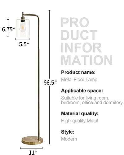 Oneach 66.5 '' Industrial Floor Lamp for Living Room Modern Standing Lamps with Hanging Clear Glass Shade Reading Tall Pole Lamp for Bedroom Office Study Room AB Antique Brass(Bulb Included)
