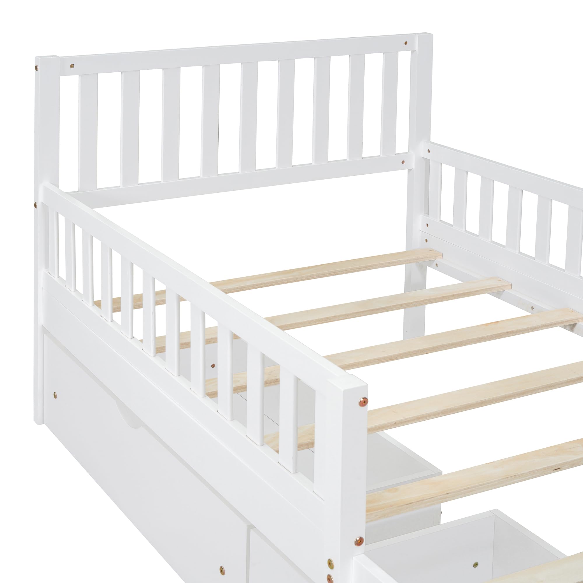 NCKMYB Kids Twin Bed with Guardrails, Low Platform Bed with Headboard and Footboard, White Children Bed Frame with 2 Drawers for Boy Girl