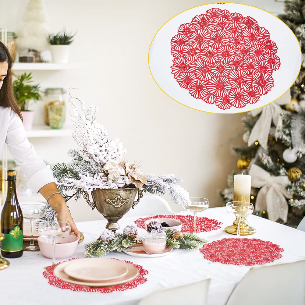 Floral Placemats Wipeable Vinyl Placemats 15 Inch Round Place Mats Farmhouse Kitchen Table Mats Heat Resistant Washable Pressed Vinyl Dining Table Mats Wedding Anniversary Decoration, Red
