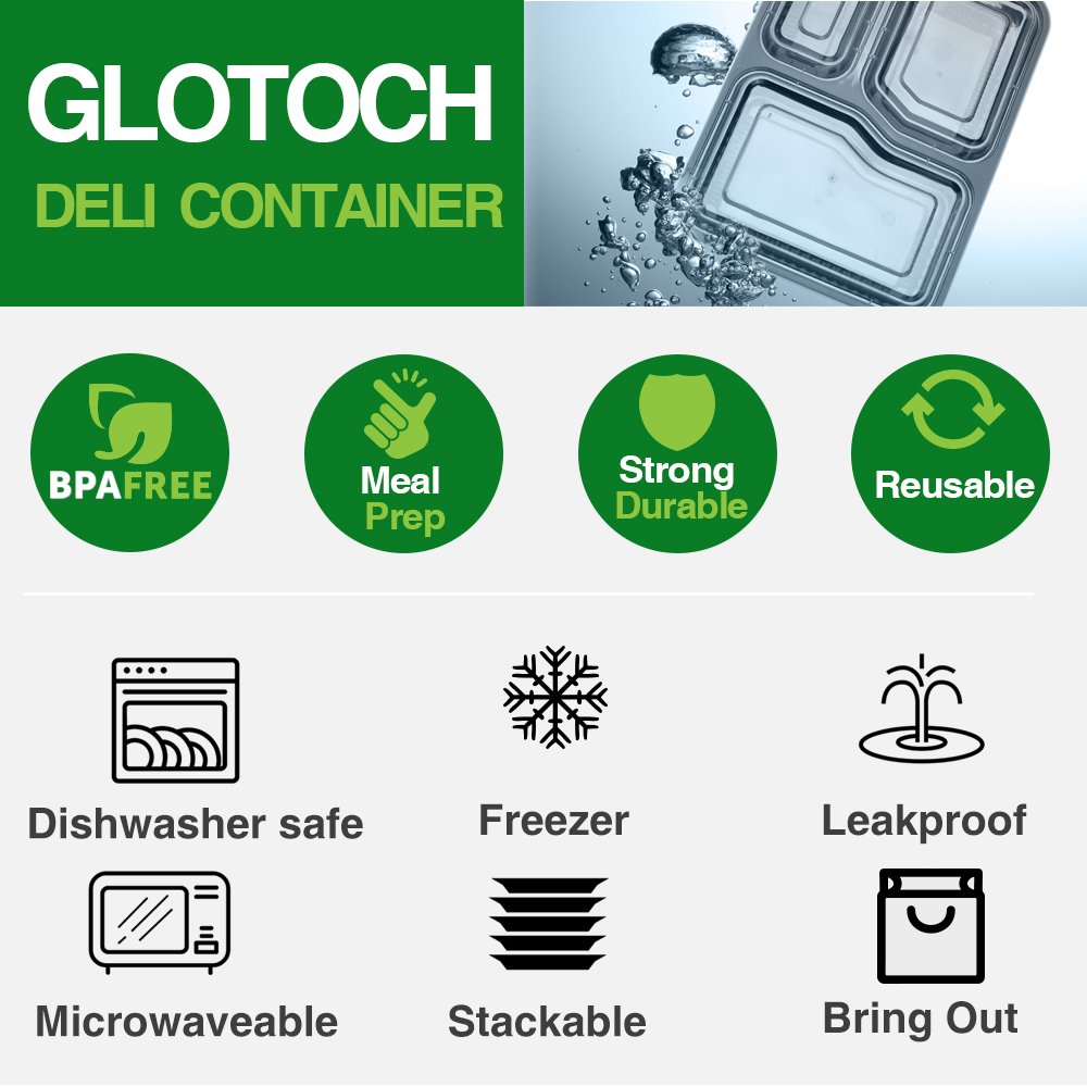 Glotoch Meal Prep Container,100Pack 2,3 Compartment Reusable Food Storage Containers For Lunch, Leftover.Disposable Black Plastic Containers With Lids To Go Container-BPA-Free Microwave Safe