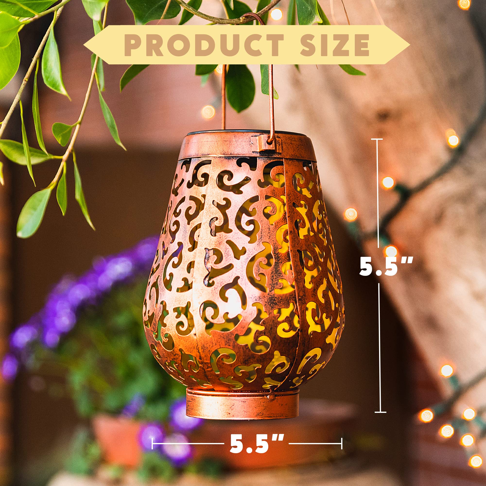 JOIEDOMI 2 Pack Outdoor Solar Hanging Lantern Lights, Waterproof Table Top Solar Lanterns, LED Metal Decorative Garden Solar Lights, Moroccan Lanterns Solar Powered with Handle for Patio