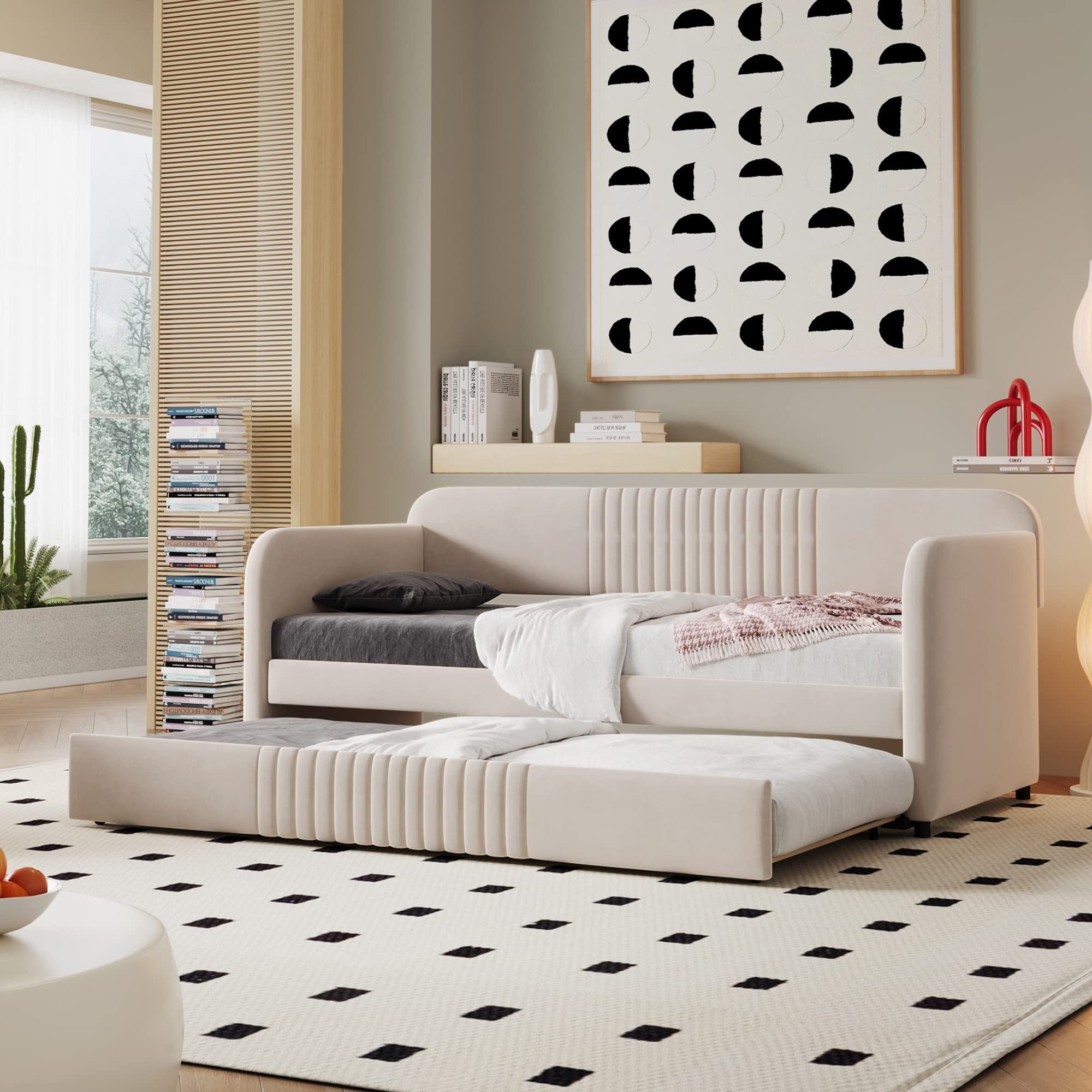 DNYN Queen Size Upholstered Platform Bed with Trundle & USB Ports for Kids,Solid Wood Bedframe Linen Fabric Home Furniture w/Button Tufted Heardboard,Super Save Space & No Box Spring Need, Gray