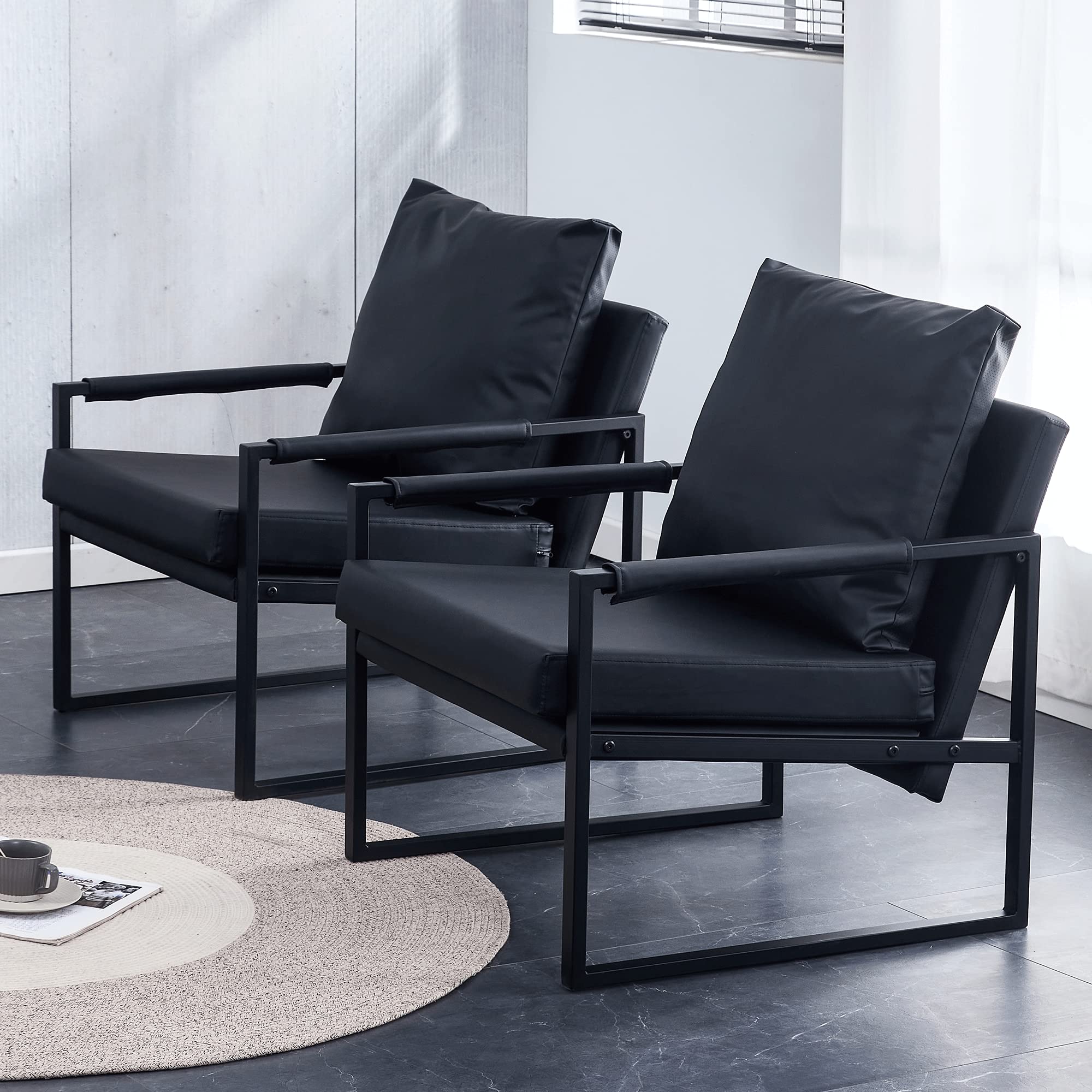 Dvasovio Leather Accent Chair Mid-Century Modern Upholstered Armchair with Metal Frame Extra-Thick Padded Backrest for Office Bedroom Living Room Chair, Black