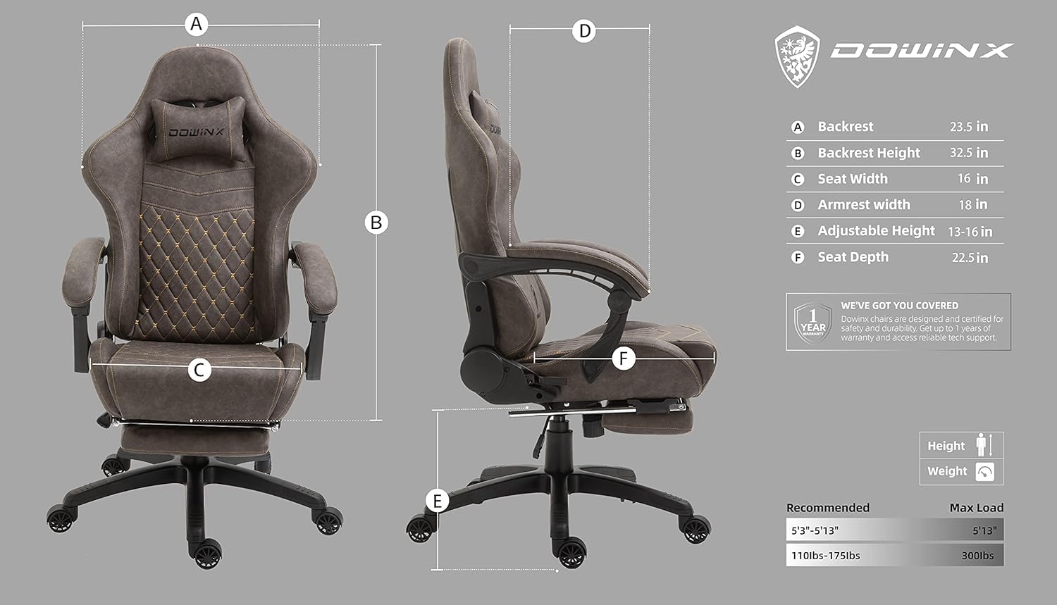 Dowinx Gaming Chair Office Chair PC Chair with Massage Lumbar Support, Vintage Style PU Leather High Back Adjustable Swivel Task Chair with Footrest (Brown)