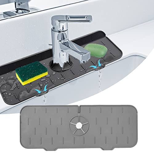 Kitchen Sink Splash Guard,Upgraded Kitchen Guard Silicone Faucet Water Catcher Mat,Silicone Faucet Handle Drip Catcher Tray,Keep Kitchen, Bathroom Sinks Dry (Grey)
