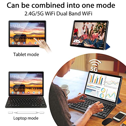 Tablet with Keyboard, Newest 2 in 1 Tablet 10 inch Android 11 Tablet, Quad-Core Processor, 64GB+4GB, 128GB Expandable, 2.4+5G WiFi, Dual Camera, 6000mAh, Bluetooth, GPS (Blue)