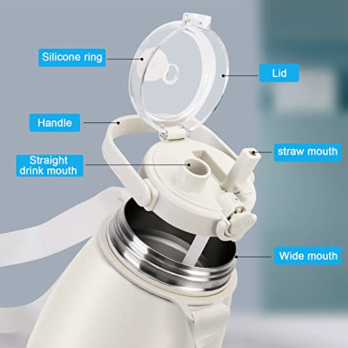 VAlinks Big Belly Stainless Steel Water Bottle with Shoulder Strap, Handle & Cute Stickers, 32oz/900ml Cute Insulated Water Bottle with Straw, Leak Proof Flip-Top Lid Vacuum Bottle, White