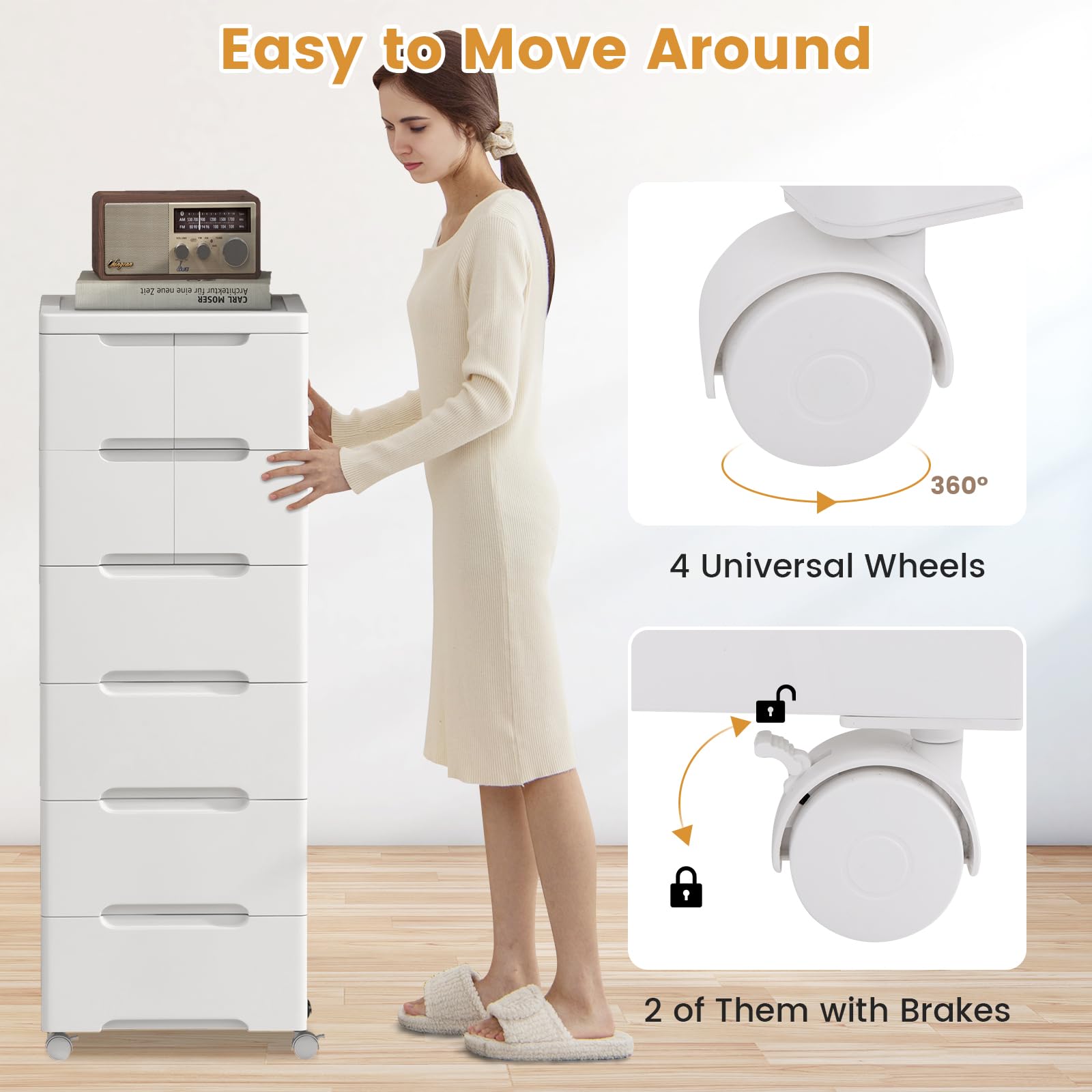LOKO 7-Drawer Plastic Rolling Storage Cart, Mobile Storage Cabinet with 4 Universal Wheels, Vertical Storage Tower Container Unit for Living Room, Bedroom, Home Office, White (16βx13"x45β (7 Drawers))