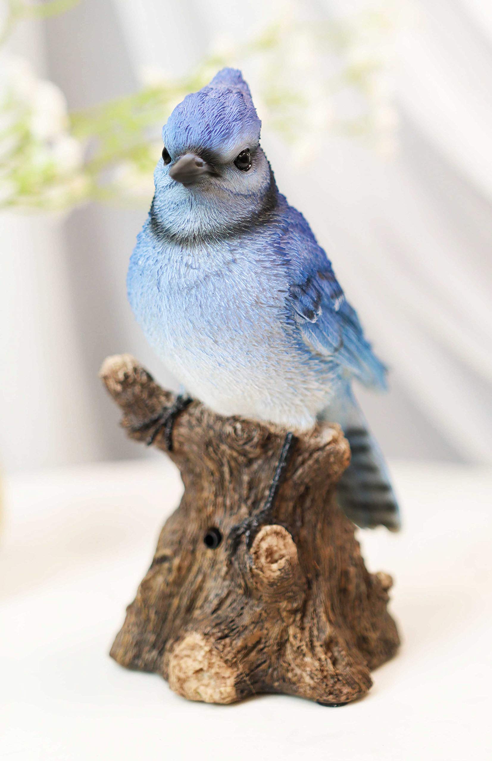 Ebros Gift Realistic Hand Painted Blue Jay Passerine Bird Perching On Tree Stump Guest Greeter With Built In Motion Activated Sensor Chirping Sound Statue 6.25"Tall Taxidermy Home And Garden Sculpture