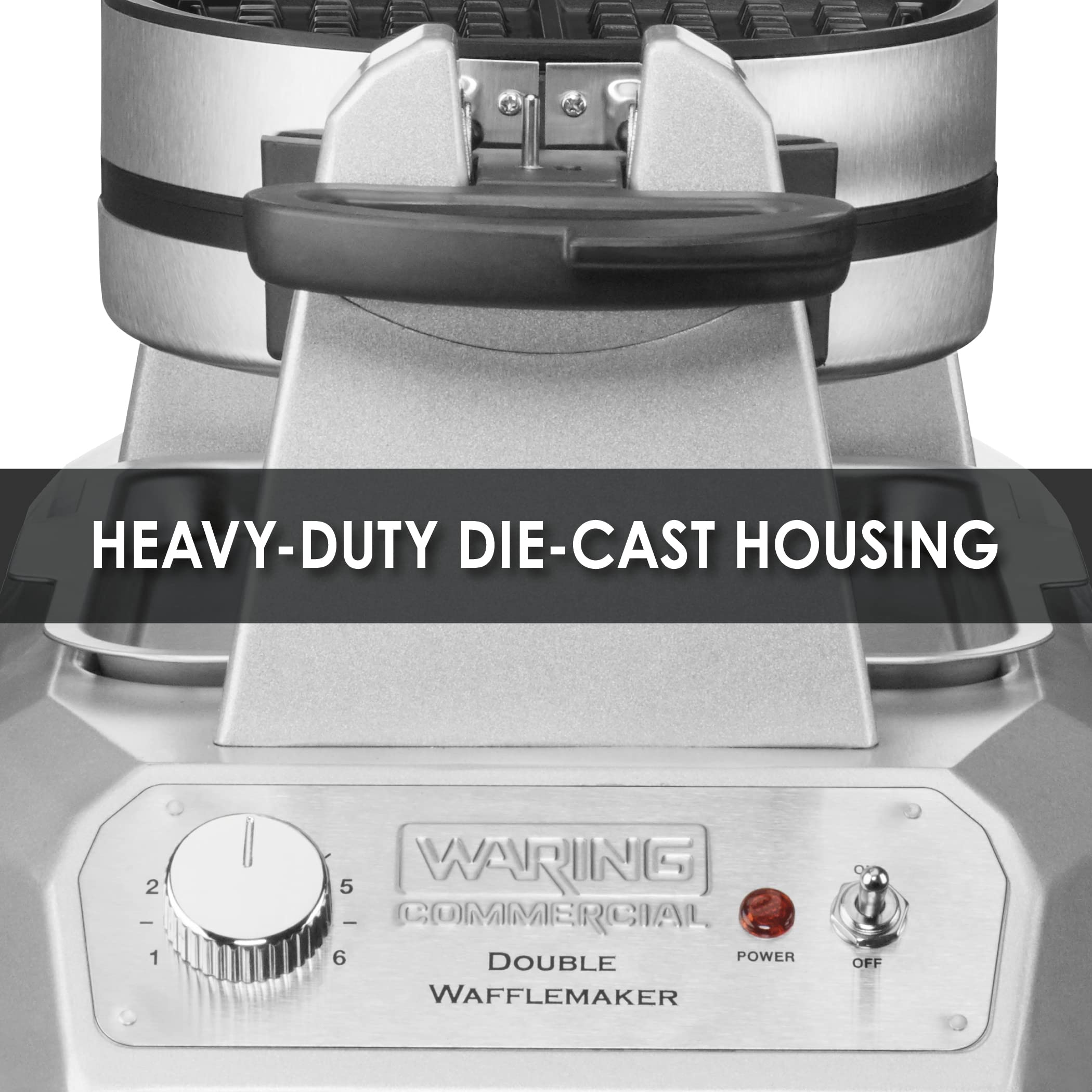 Waring Commercial WWD200 Classic Double Waffle Maker, Coated Non Stick Cooking Plates, Produces 60 waffles per hour, 120V, 1400W, 5-15 Phase Plug, Silver