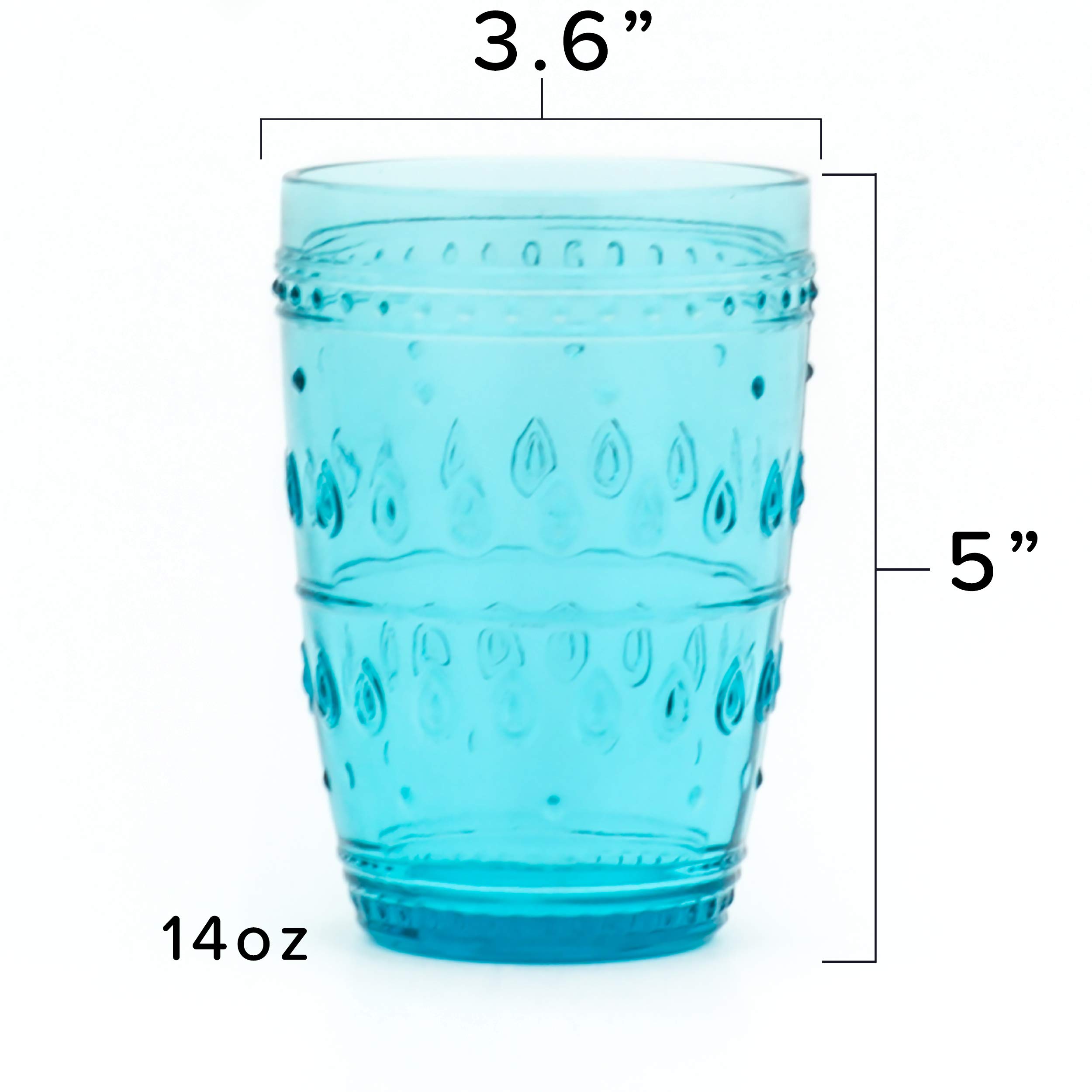 Euro Ceramica Fez Collection Drinkware and Glasses, 14oz Highball Set of 4, Teardrop Mandala Design, Turquoise