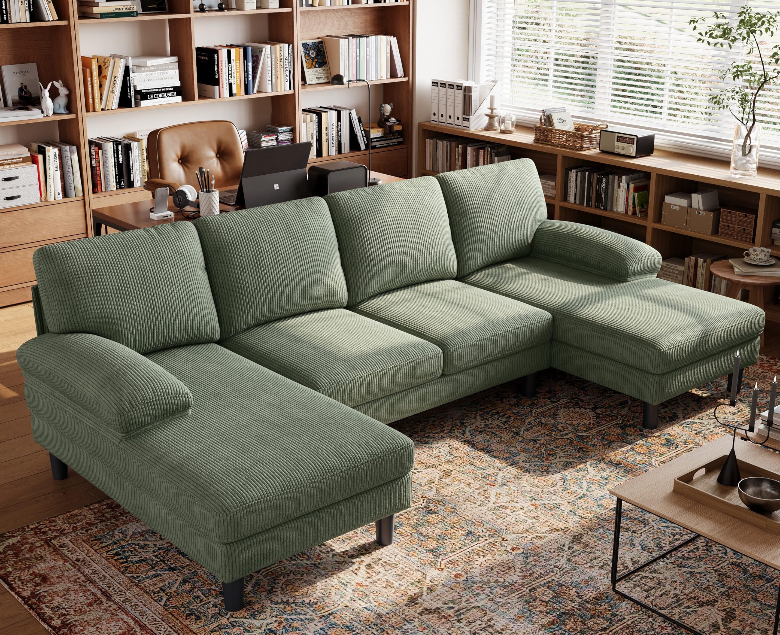 LINSY HOME U Sectional Couch, 111'' W Corduroy Sofa with Sleepable Armrests, 4 Seat Couch with Double Chaises, Deep Sofa for Living Room, Yellow
