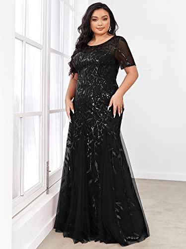 Ever-Pretty Women's Embroidered Prom Dress Long Formal Plus Size Dresses for Wedding Guest Black US22