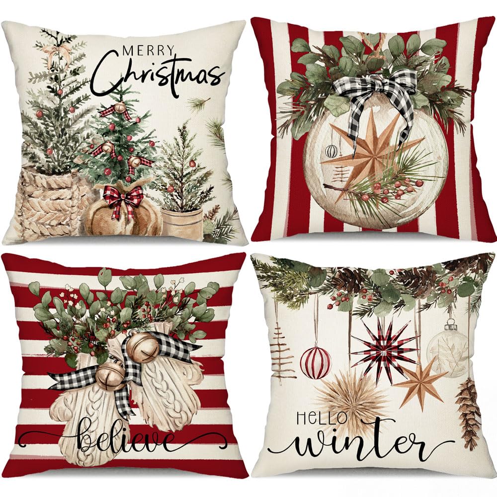 DFXSZ Christmas Pillow Covers 18x18 inch Set of 4 Christmas Tree Gloves Hello winter Decorative Red White Stripe Throw Pillow Covers Winter Farmhouse Decoration for Home couch 134