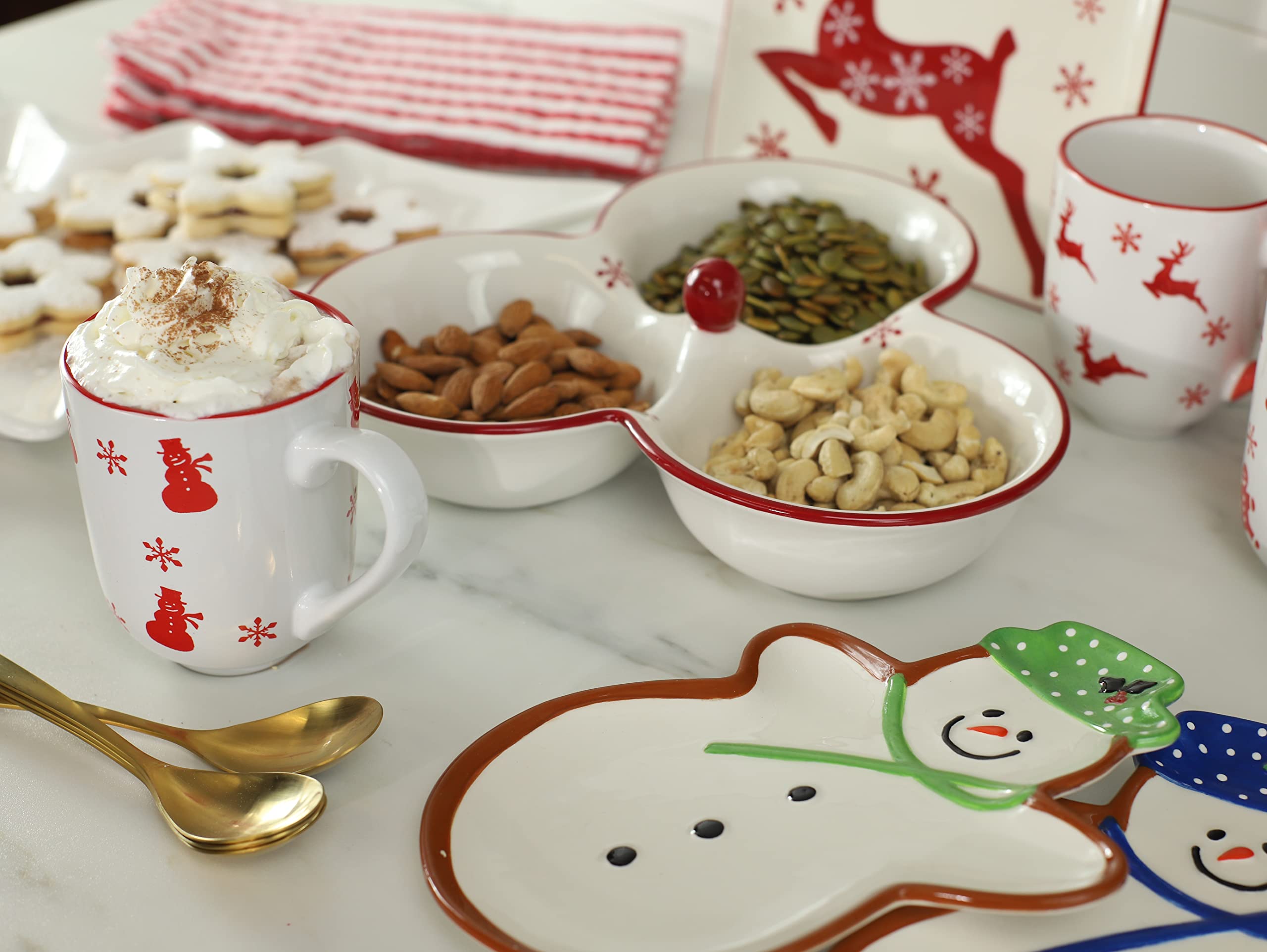 Euro Ceramica Winterfest Collection 4 Piece Mug Set | Festive Assorted Parttern | Stoneware Mugs Set |Hand-Stamped Holiday Design, Red & White Assorted Holiday Patterns| Winterfest nGift Set