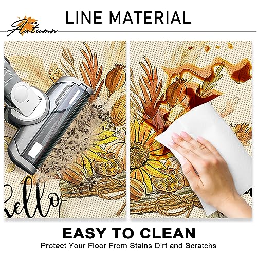 Tailus Hello Fall Sunflower Pumpkin Kitchen Rugs Set of 2, Autumn Harvest Wheat Mason Jar Kitchen Mats Decor, Buffalo Plaid Check Farmhouse Floor Door Mat Home Decorations - 17x29 and 17x47 Inch