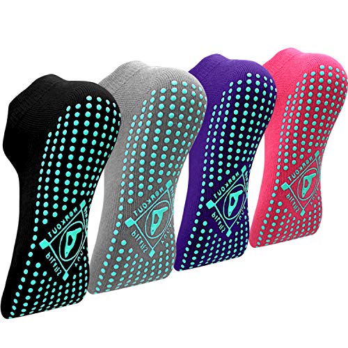 ELUTONG Pilates Yoga Non Slip Grips Socks 4 Pairs Sticky Ballet Workout Hospital Socks for Ladies