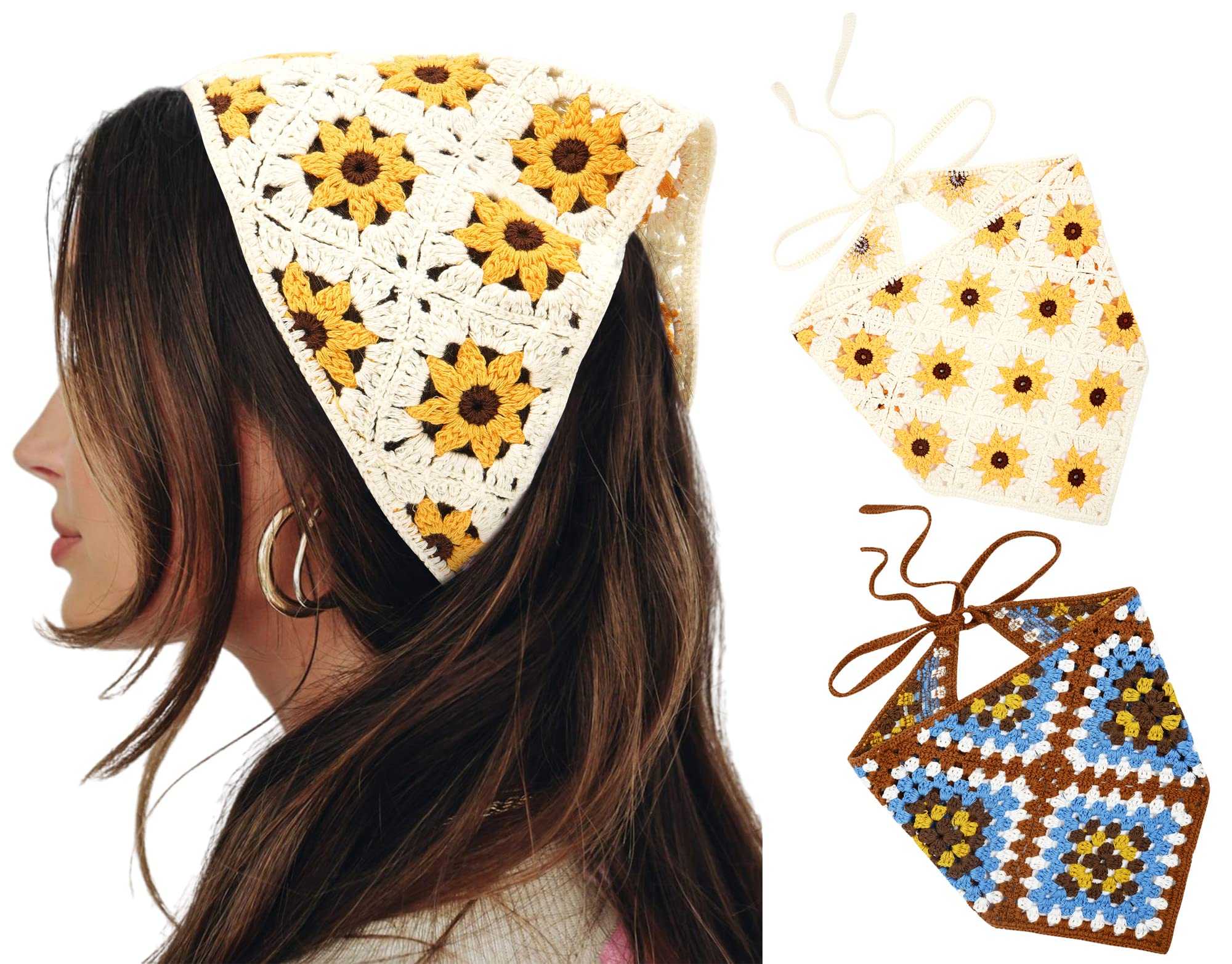 GERINLY 2 Pack Vintage Hair Bandana Boho Crochet Head Kerchief with String 70s Headbands Cottagecore Style Accessories Daisy Pattern (E-CoffeeBeige)