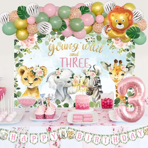 Fiesec Young Wild and Three Decorations Girl, Jungle Safari Animal Theme 3rd Party Decorations Backdrop Balloons Banner Cake Cupcake Topper Poster Crown Lion Cheetah Giraffe Pink 119 PCs