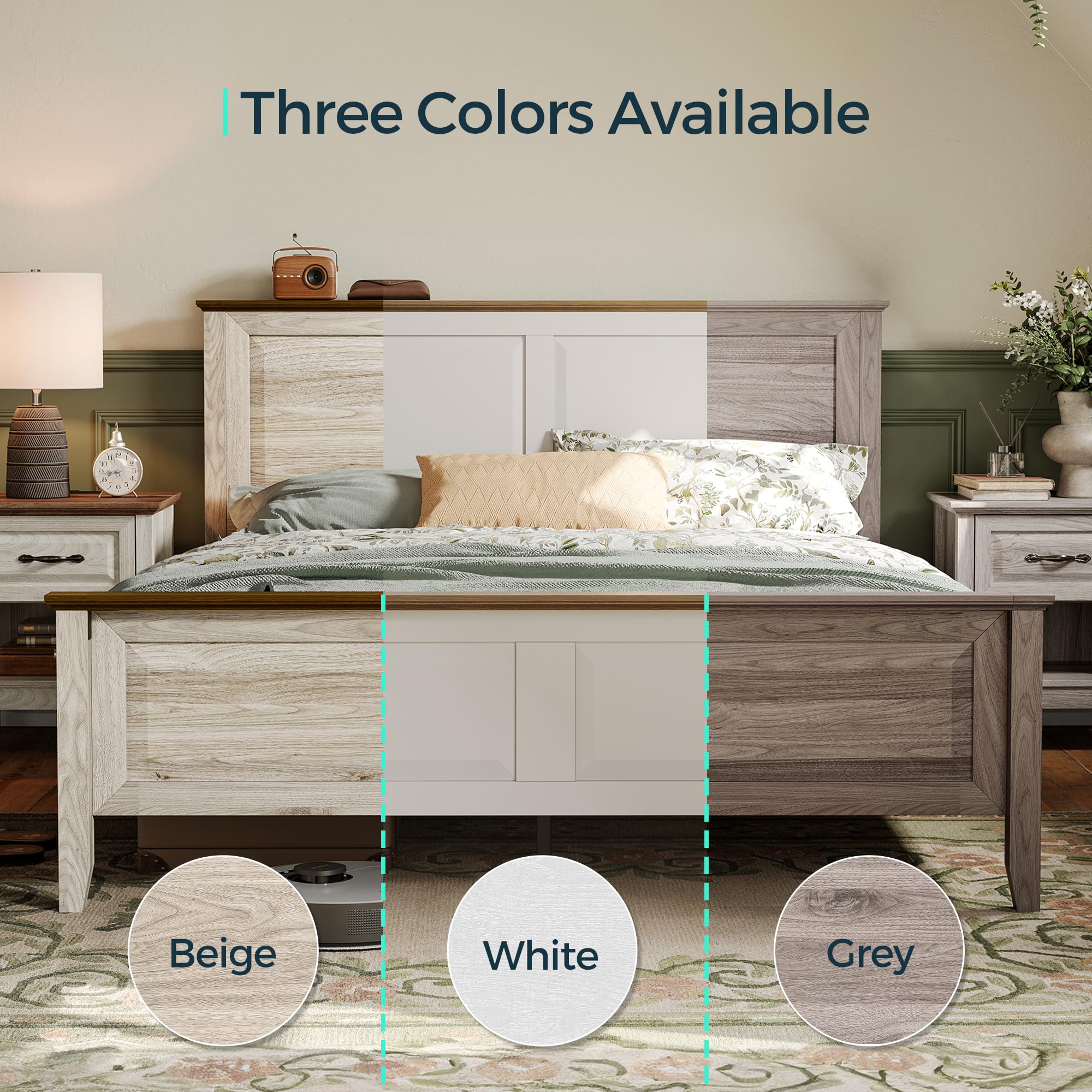 LINSY Wood Queen Bed Frame with Headboard, Farmhouse Bed Frame Queen Size with High Footboard, Wood Bed Fast Assembly, Noise-Free, No Box Spring Needed - Beige