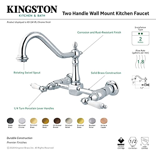 Kingston Brass KS1242PL Heritage Wall Mount 8-Inch Center Kitchen Faucet, Porcelain Lever Handle, 8-1/2-Inch, Polished Brass