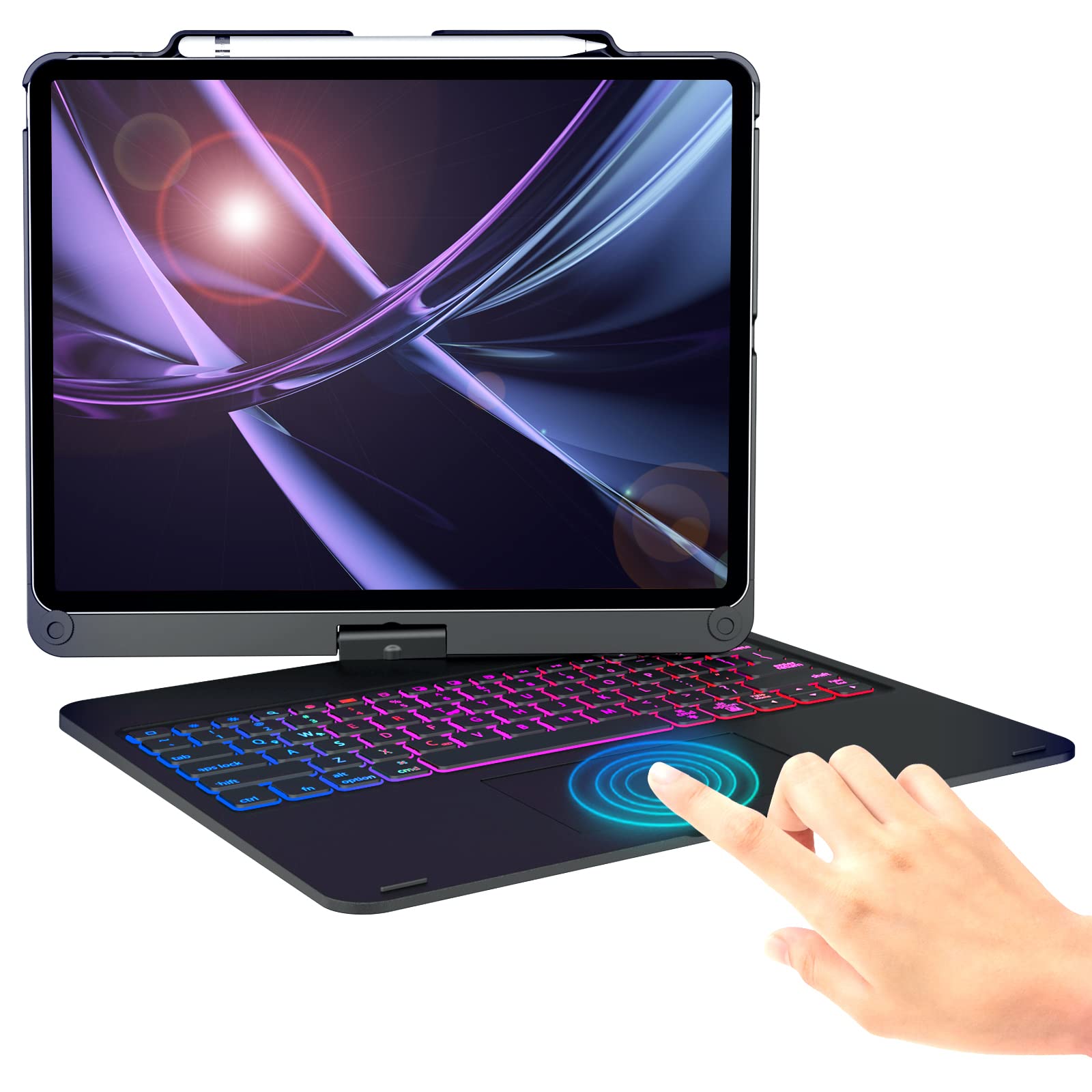 KVAGO Keyboard Case for iPad Pro 12.9, Multi-Touch Trackpad Keyboard Case iPad Pro 12.9 inch 6th Generation 5th 4th 3rd Gen 2022 2021 2020-7 Color Backlight Keyboard- 360 Rotatable Case, Black