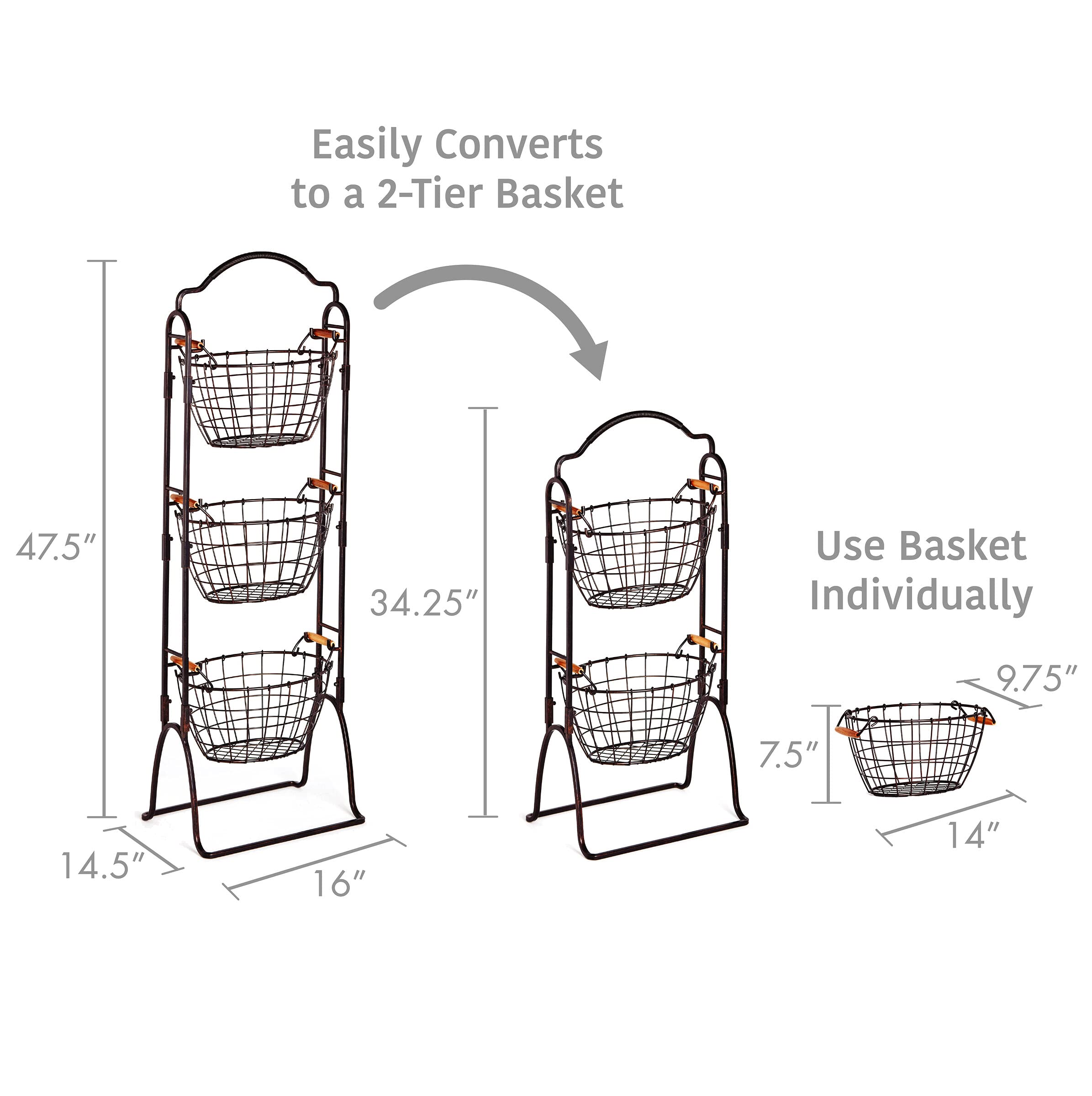 Gourmet Basics by Mikasa 5184916 Harbor Adjustable 3-Tier Metal Floor Standing Fruit/Home Storage Basket, Antique Black