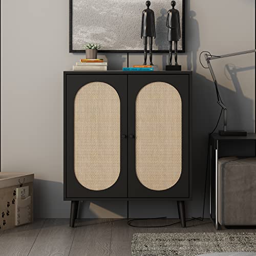 Sideboard Buffet Cabinet, Kitchen Storage Cabinet with Rattan Decorated Doors, 4 Doors Console Table Buffet Cabinets with Adjustable Shelves for Kitchen Dining Room Living Room Hallway(Black,2 Sets)
