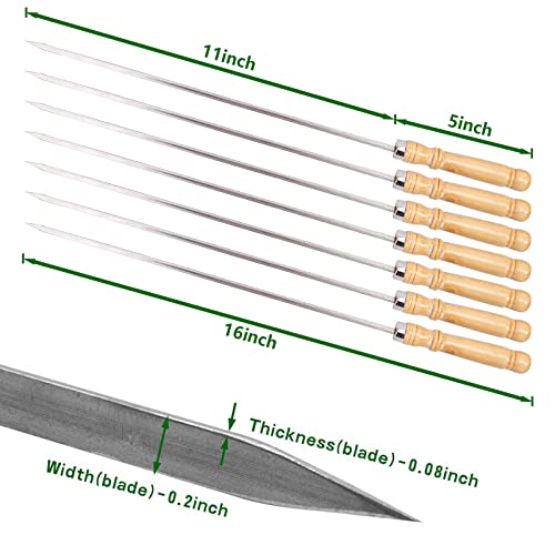 HAKSEN 16 inch Kabob Skewers with Wood Handle for BBQ Camping Cookware Campfire Grilling Cooking, Stainless Steel, 10PCS