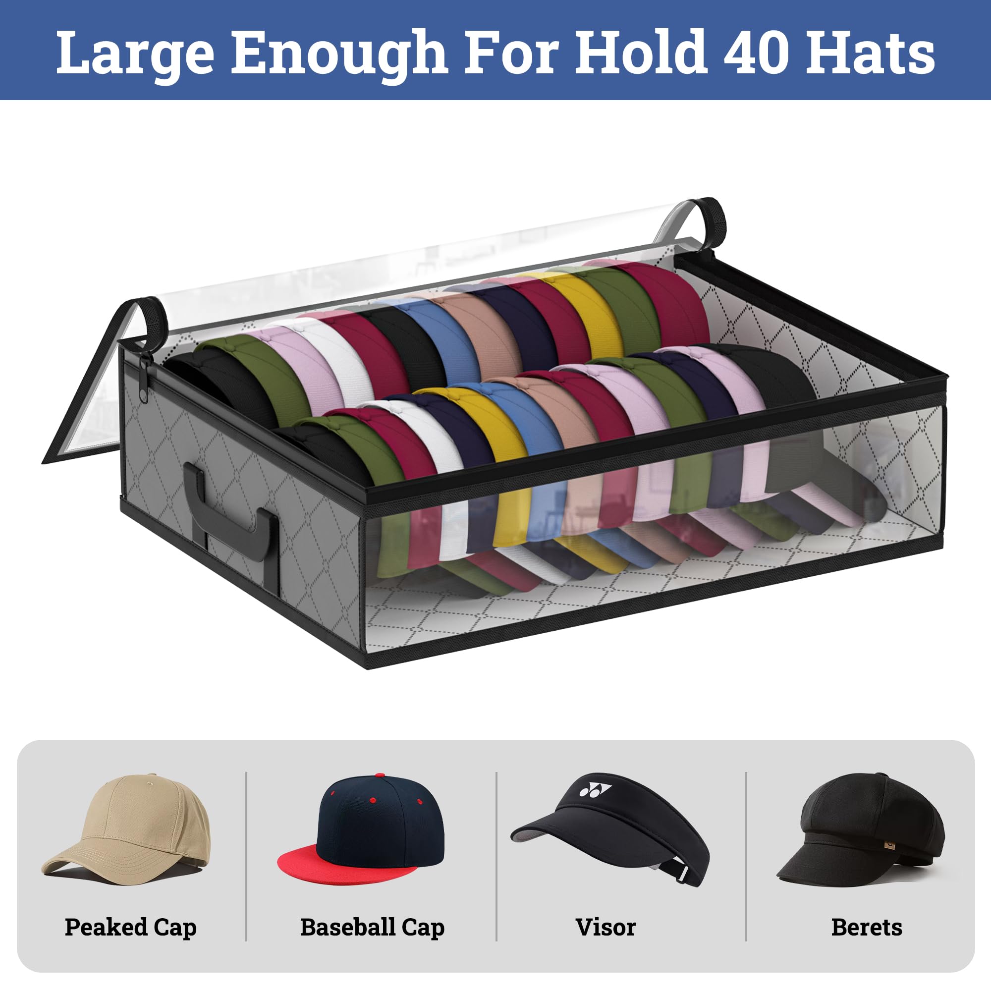 LONGD Hat Storage Box for Baseball Caps Organizer,Holds Up to 40 Caps Wide Organizer Closet Cap Holder,Black