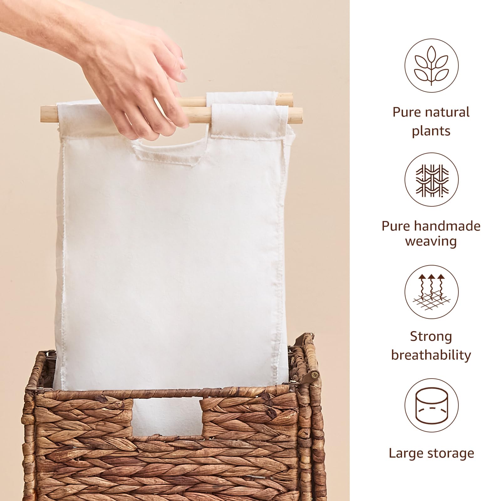 Large Laundry Hamper with Lid and Removable Liner Bag, Wicker Laundry Basket with Heightened Feet, Foldable Rattan Clothes Hamper, Handwoven Water Hyacinth Laundry Basket for Clothes and Towels