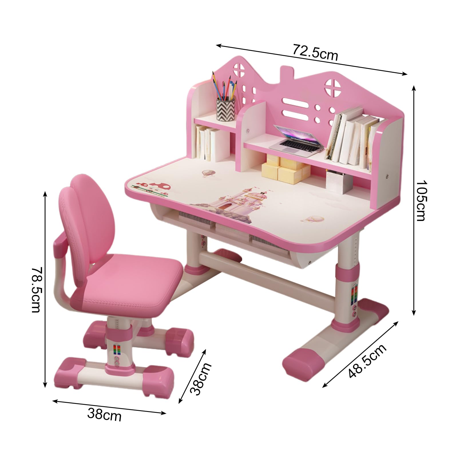 NUZYZ Kids Desk and Chair Set, Adjustable Height Kids Desk with Storage and Drawers Girls Desk Pink Writing Reading Drawing
